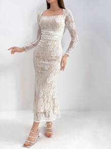 Modelyn Women's Solid Color Elegant Lace Decorated Long Sleeve Dress Long Evening Dresses ...