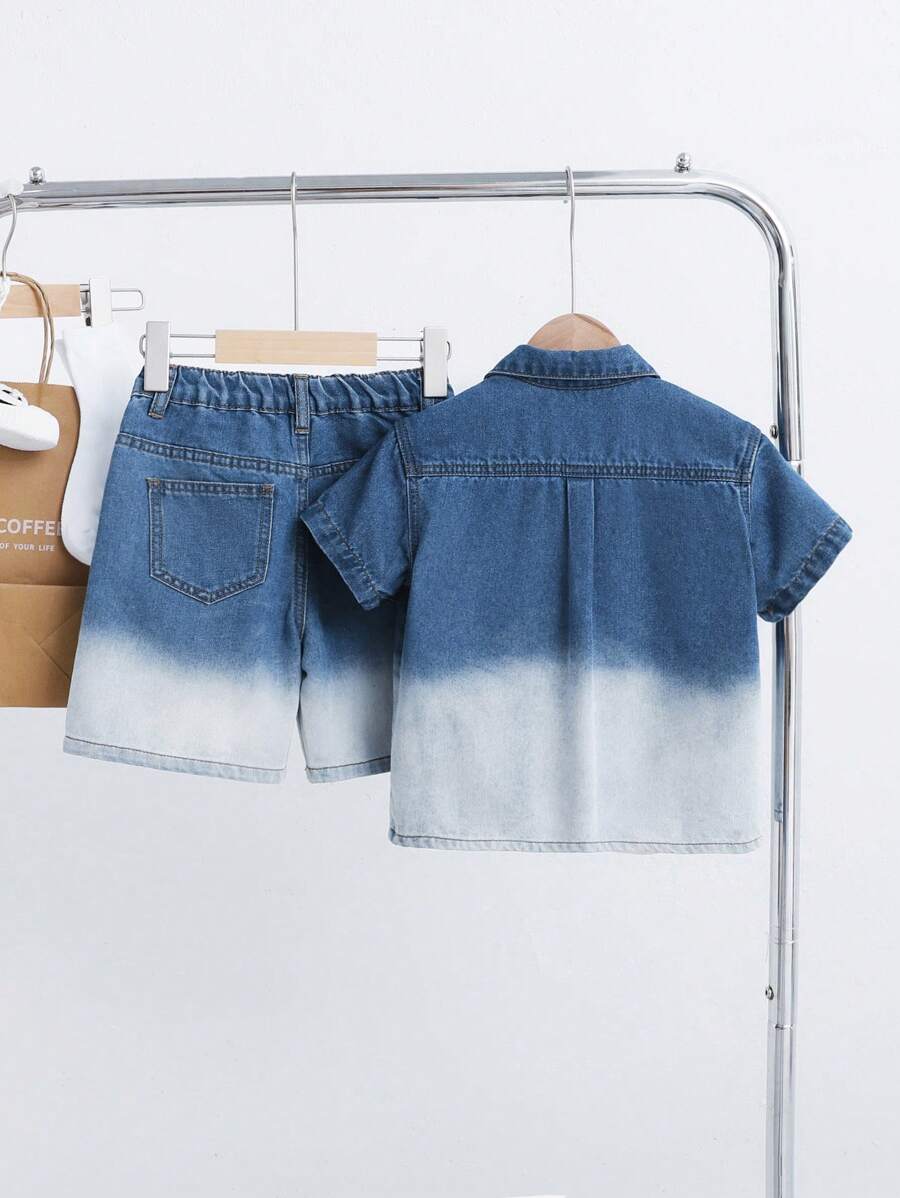 SHEIN ファッショナブルなカジュアル青色グラデーションデザインの2ピースセット、男の子用デニムシャツと半ズボン、夏休みやデイリーウェア、母の日の願いと最高の誕生日プレゼント | SHEIN ...