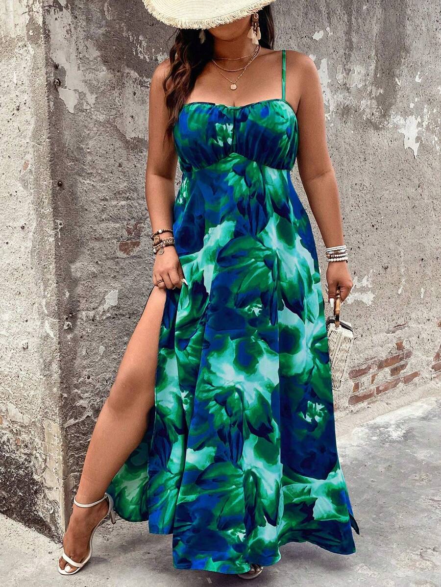 SHEIN Holidaya Plus Size Women's Simple Printed Daily Cami Dress, Maxi ...