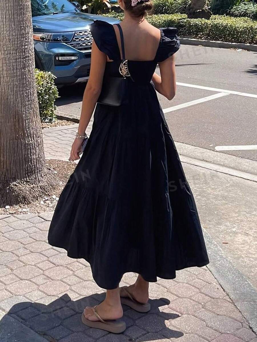 SHEIN Essnce Loose Spaghetti Strap Flutter Sleeve Midi Dress, Solid ...