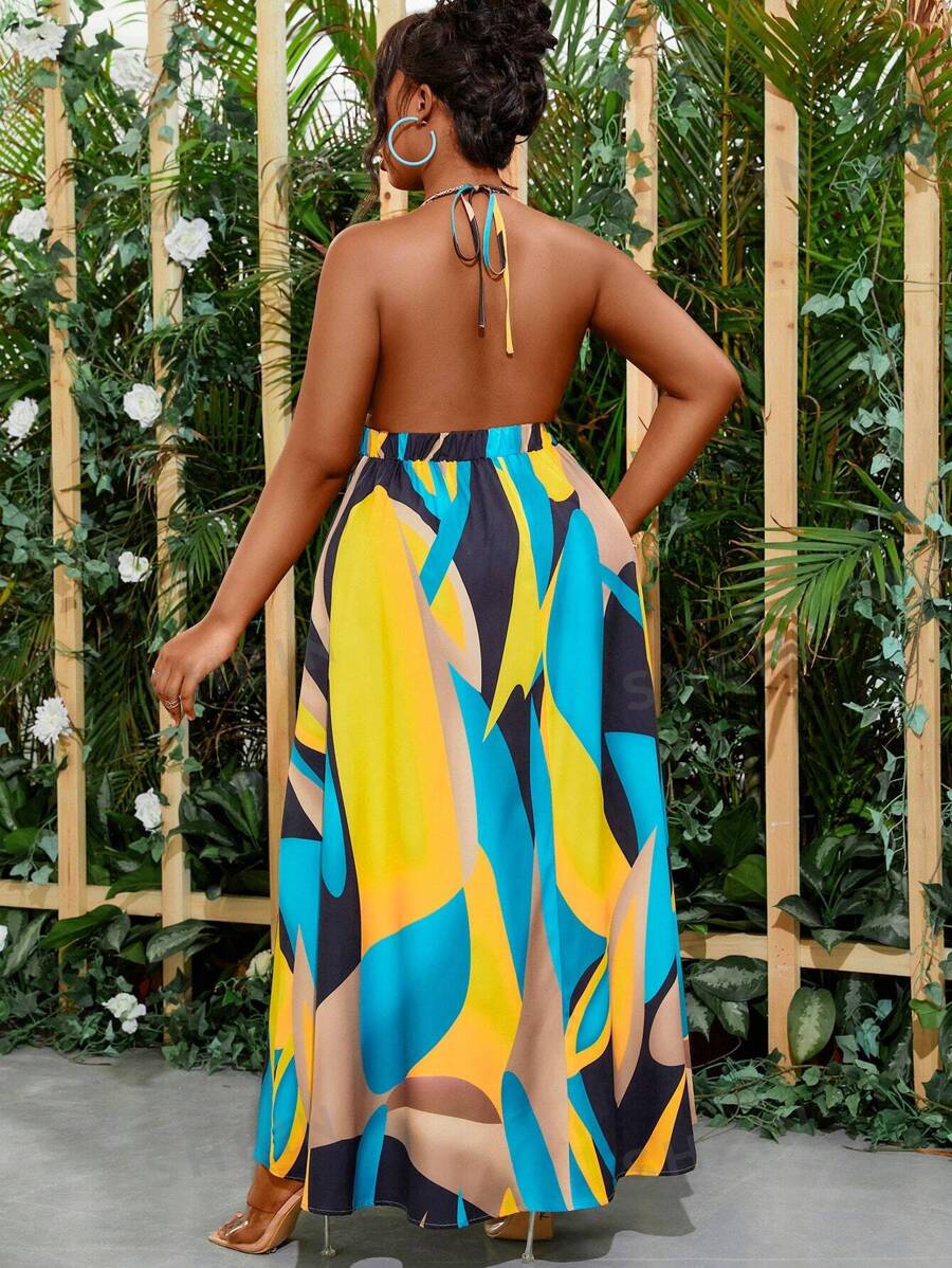 SHEIN Slayr Women Plus Size Summer Holiday Geometric Print Side Slit Halter Neck Maxi Dress With ...