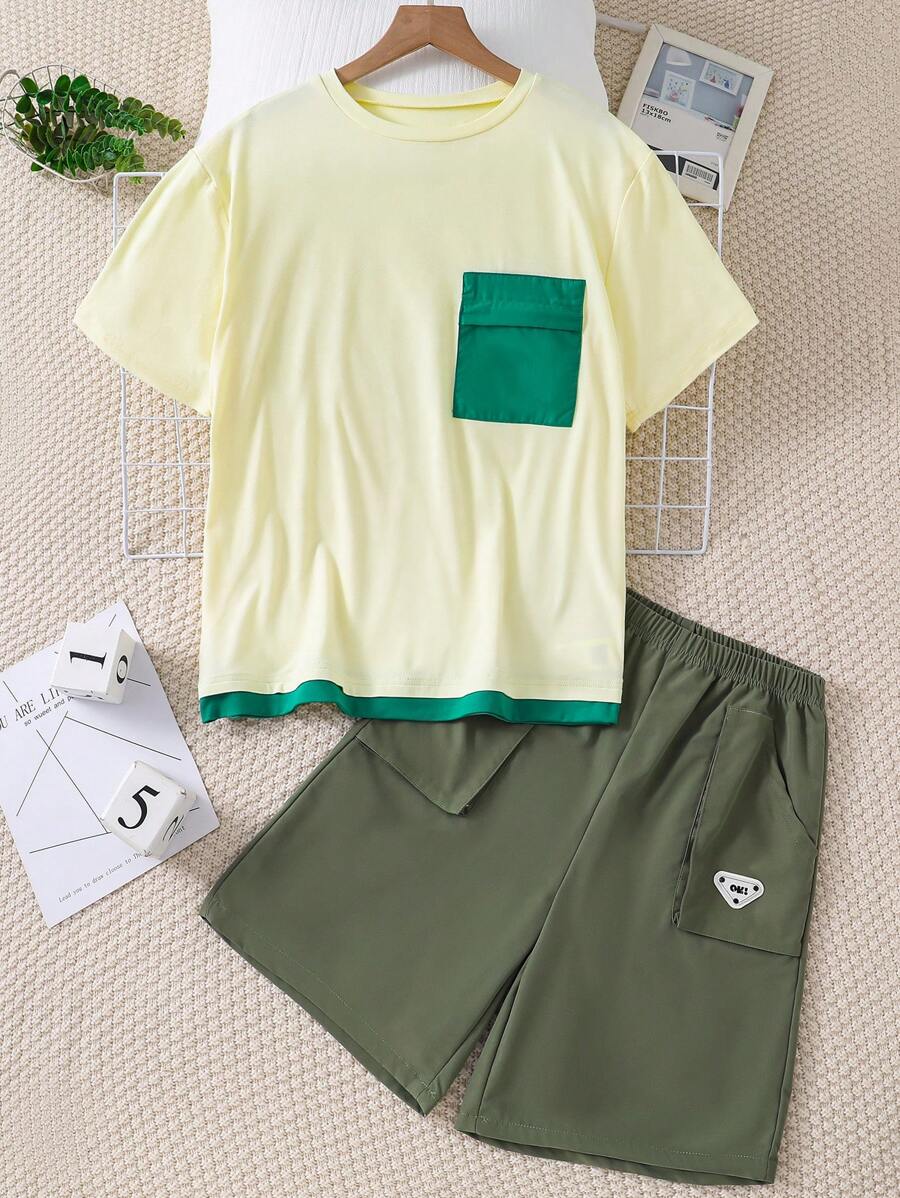 Teen Boy Summer Casual Color-Block Short Sleeve Shirt And Plaid Details ...