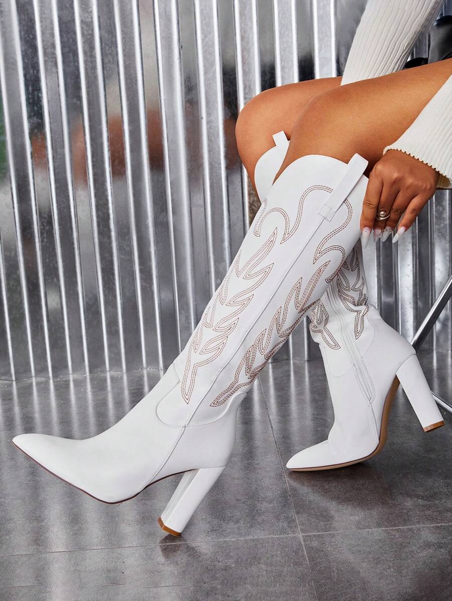 CUCCOO SZL Women Stitch Detail Point Toe Chunky Heeled Boots, Elegant ...