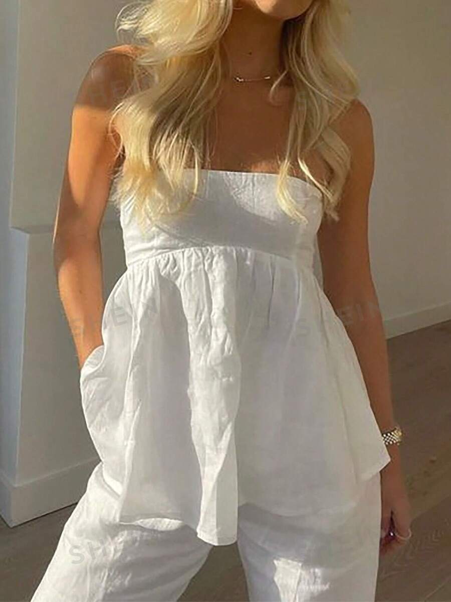 SHEIN EZwear Women's Fashionable Solid Color Tube Top A-Line Blouse ...