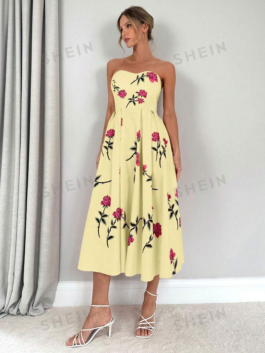 SHEIN Privé Women's Elegant A-Line Floral Rose Printed Strapless Midi ...