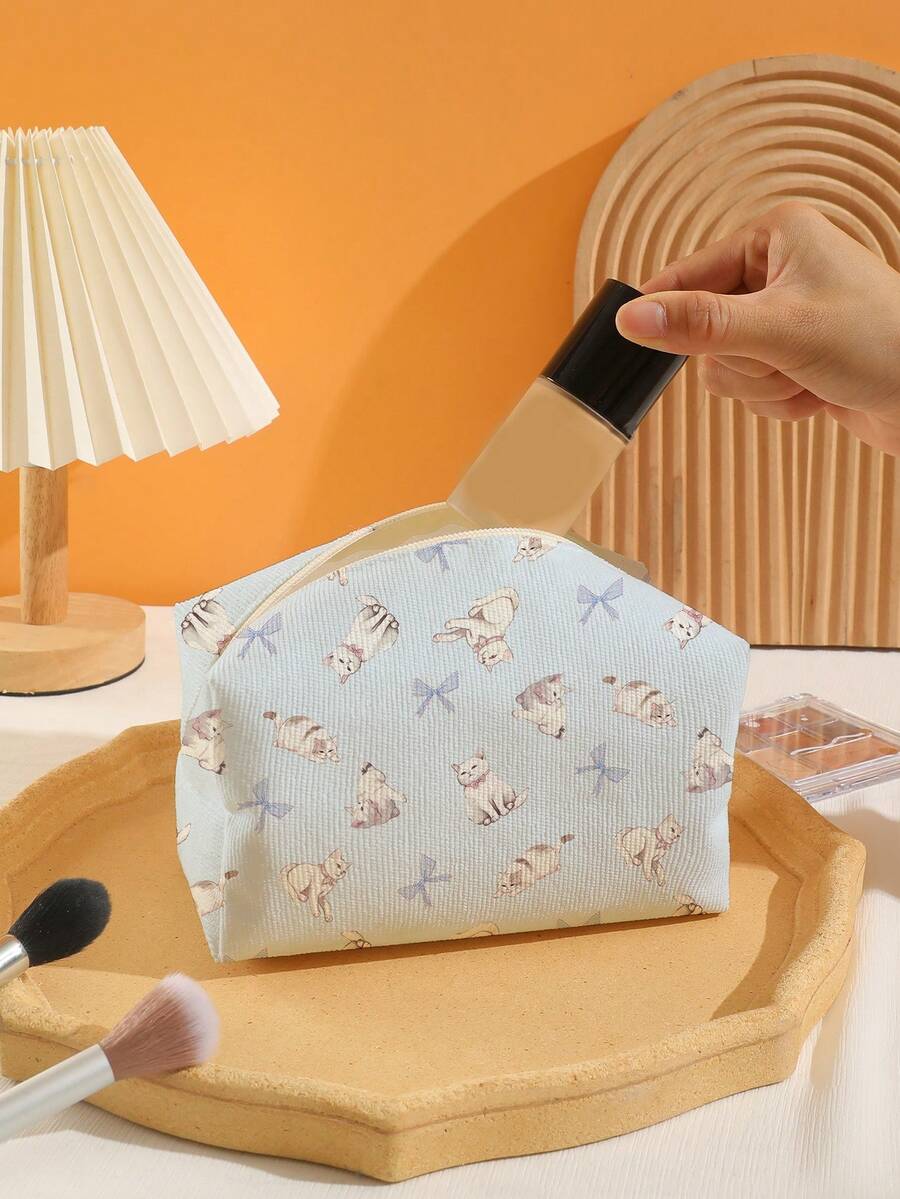 ROMWE Kawaii Hand-drawn Cute Cat Pattern Octagonal Velvet Makeup Bag ...