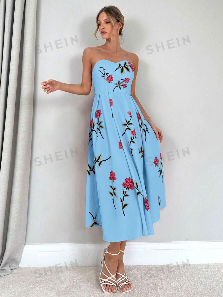 SHEIN Privé Women's Elegant A-Line Floral Rose Printed Dress With ...