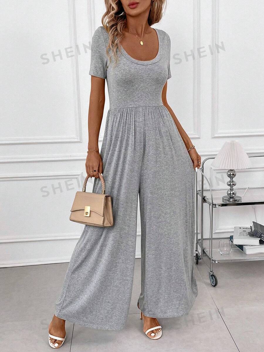 Shein Clasi Women Elegant U Neck Wide Leg Jumpsuit With Comfortable