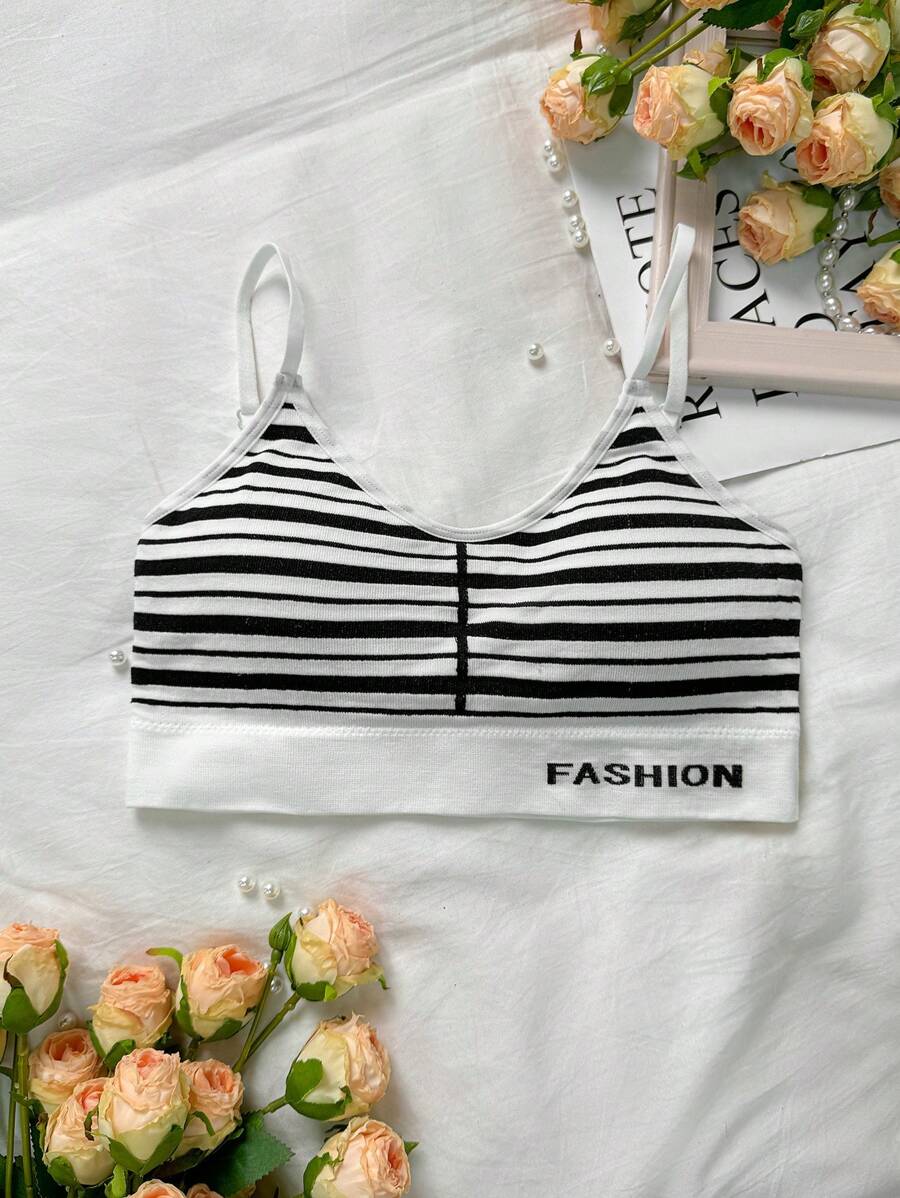 Women's Black & White Striped Letter Printed Sports Bra | SHEIN USA