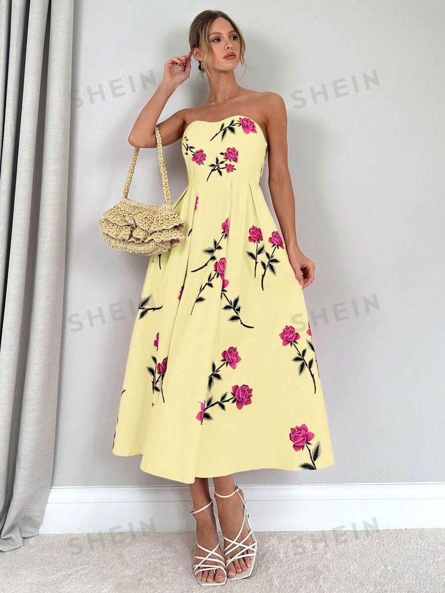 SHEIN Privé Women's Elegant A-Line Floral Rose Printed Strapless Midi ...