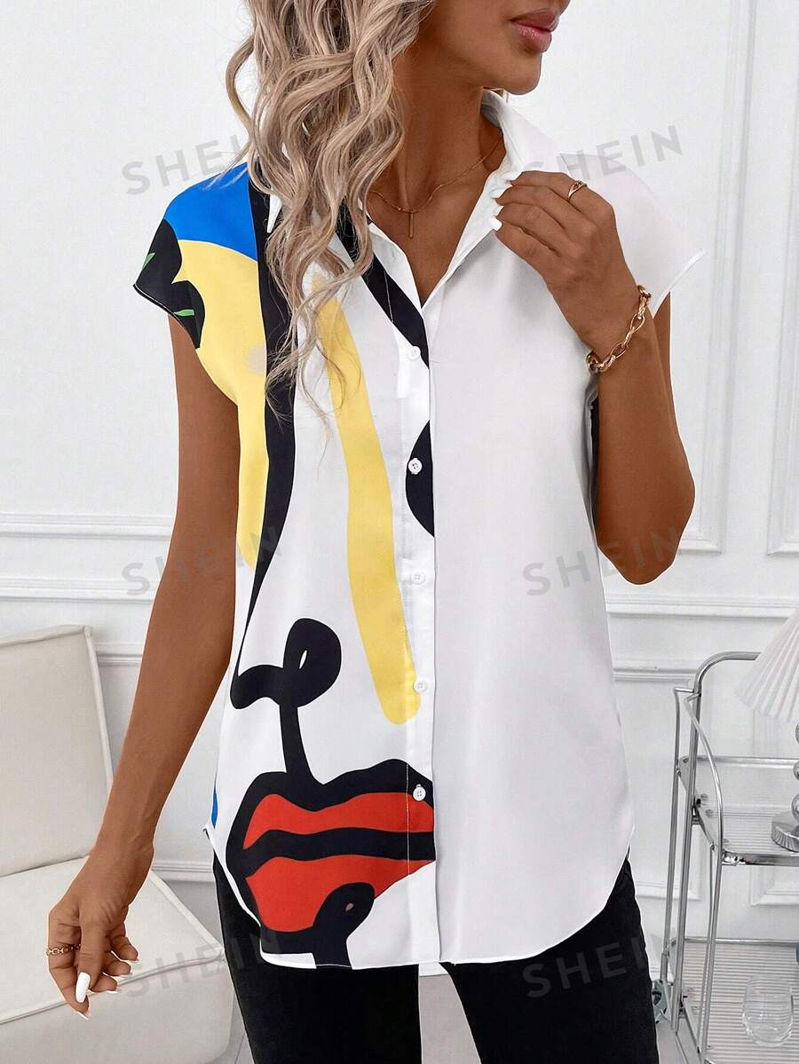 SHEIN Clasi Women Portrait Patchwork Button-Down Elegant Shirt Business ...