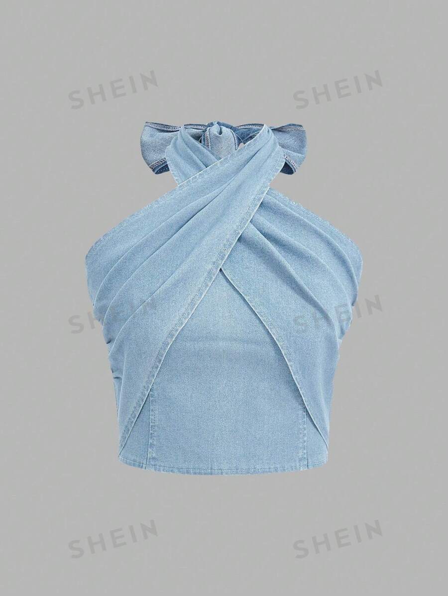 SHEIN MOD Y2K Elastic Cropped Sexy Women Denim Halter Top, Slim Fit ...
