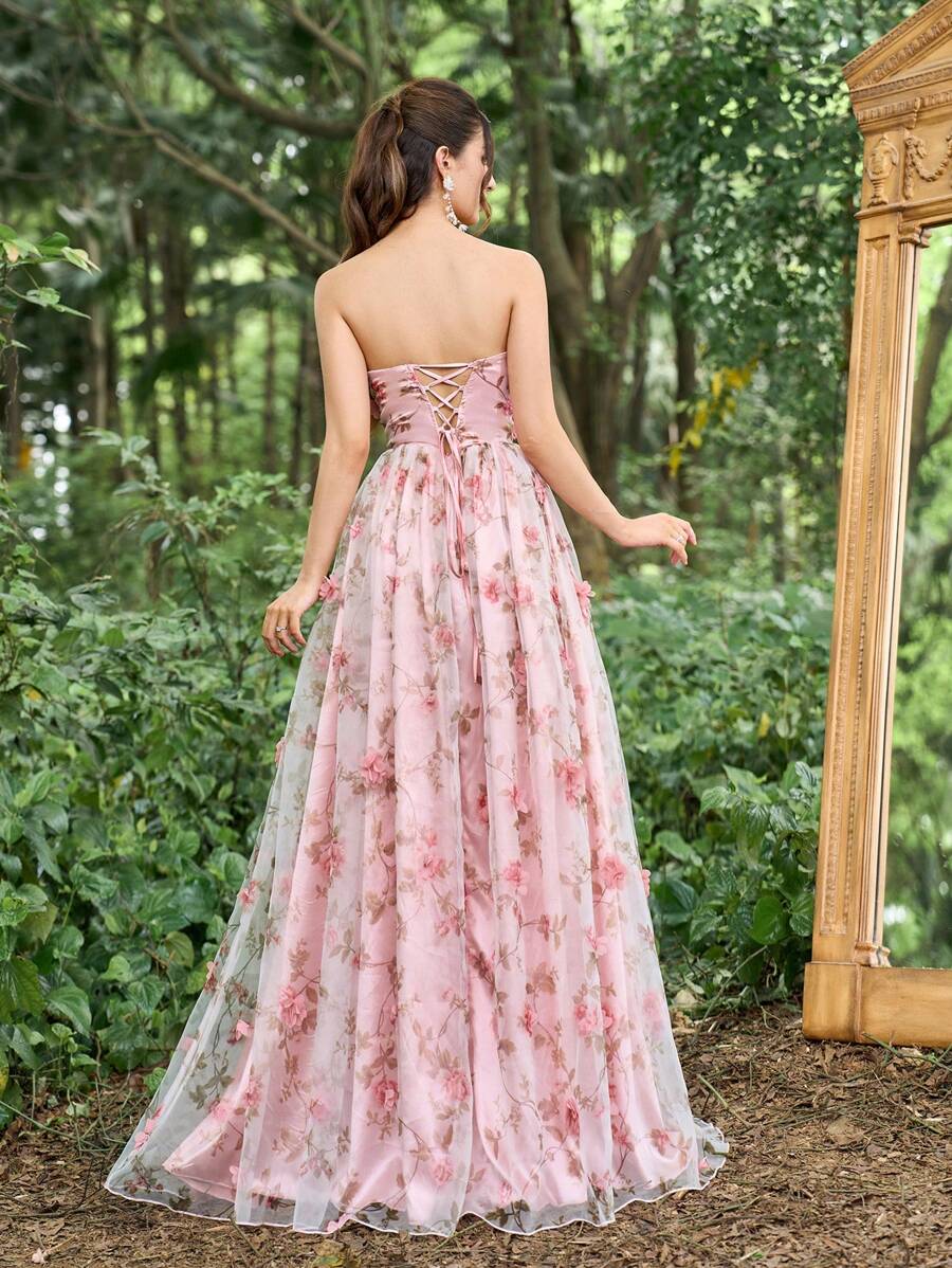Faeriesty Floral Applique Mesh Overlay Tube Formal Prom Dress Elegant Evening Wedding Guest