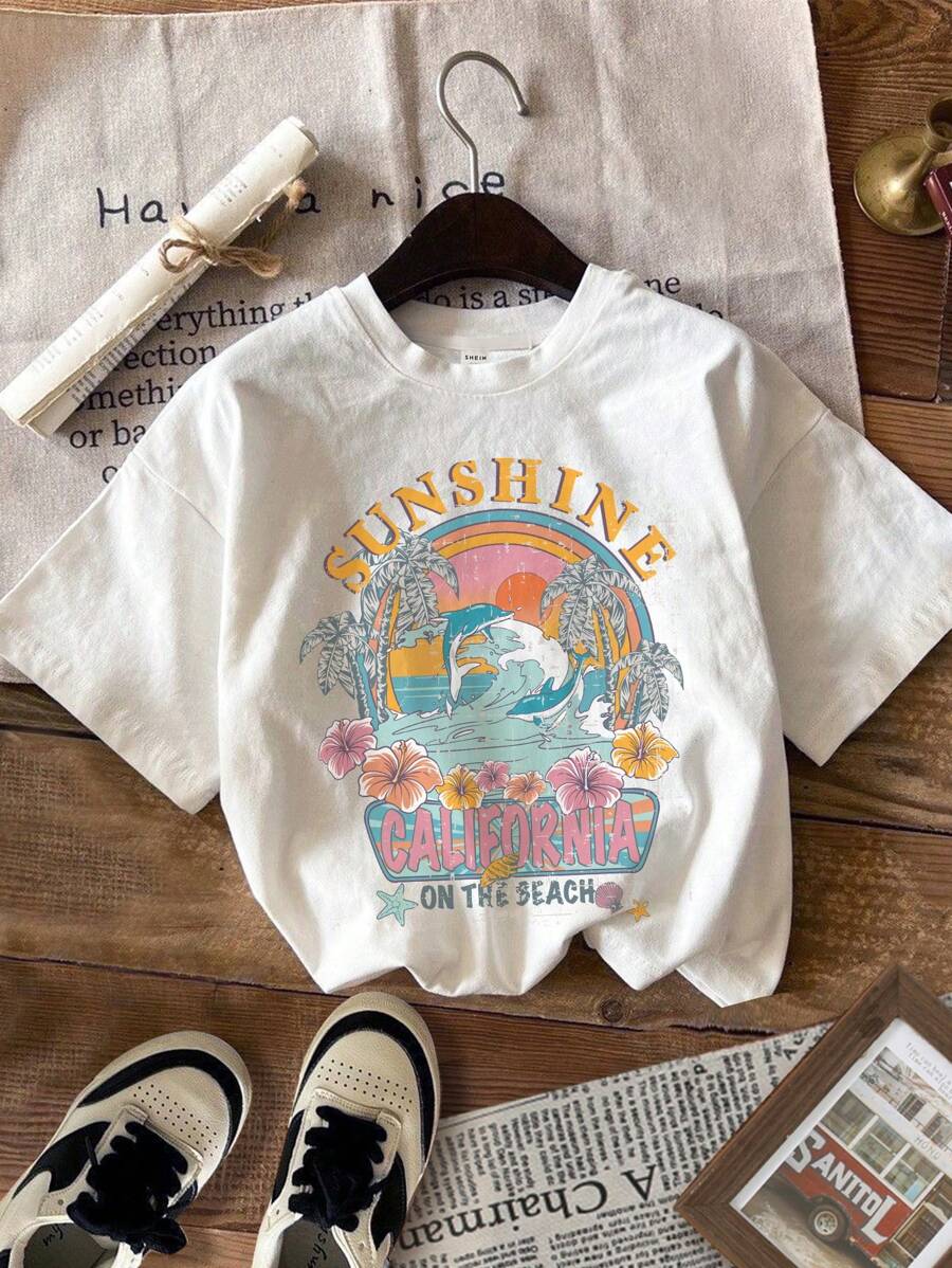 SHEIN Retro 90s Tween Girl Casual Minimal Landscape & Sun Graphic ...