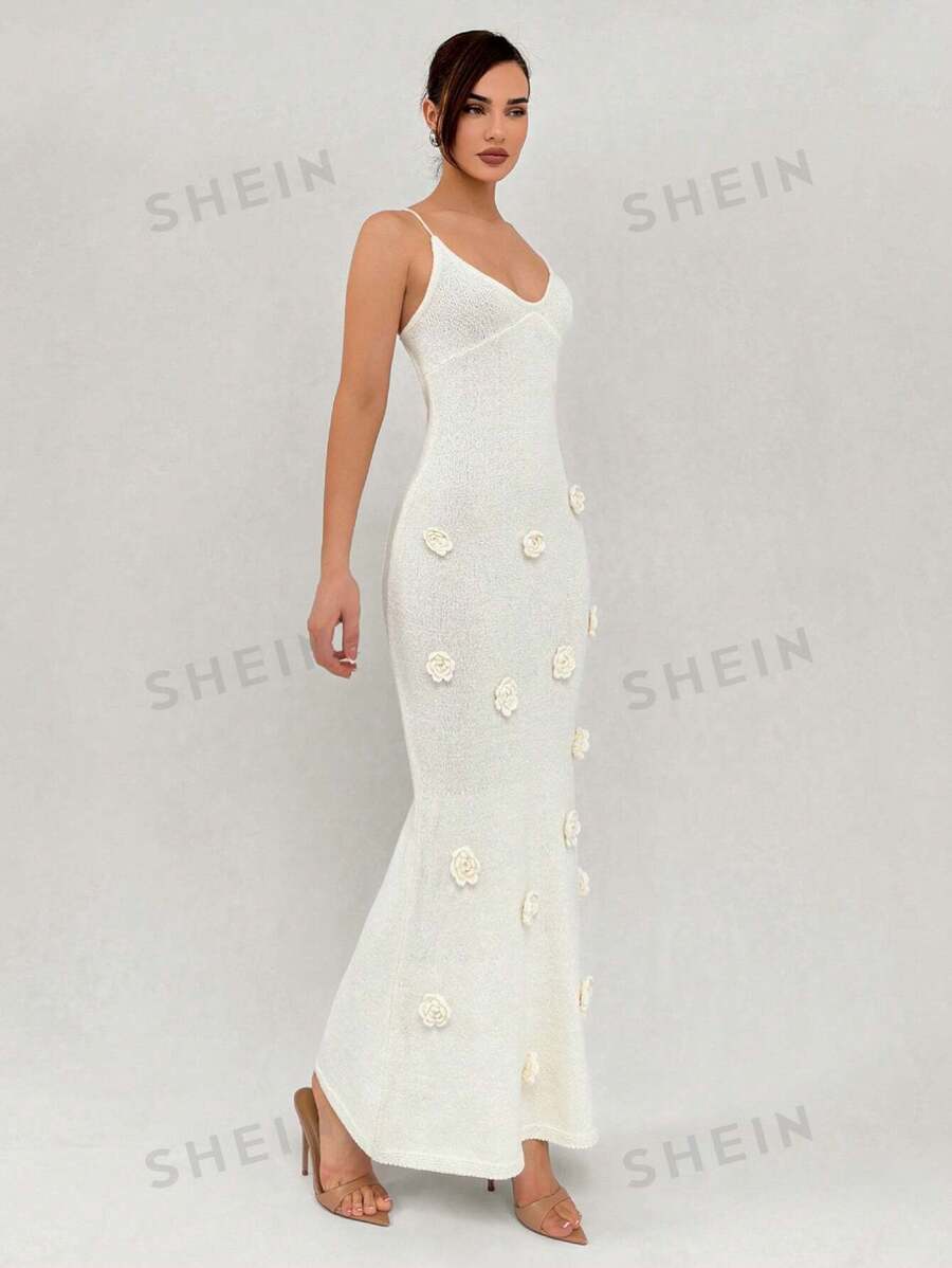 SHEIN Aloruh Elegant Backless Knit Dress With Tailored Flowers, Suitable For Holiday, Street ...