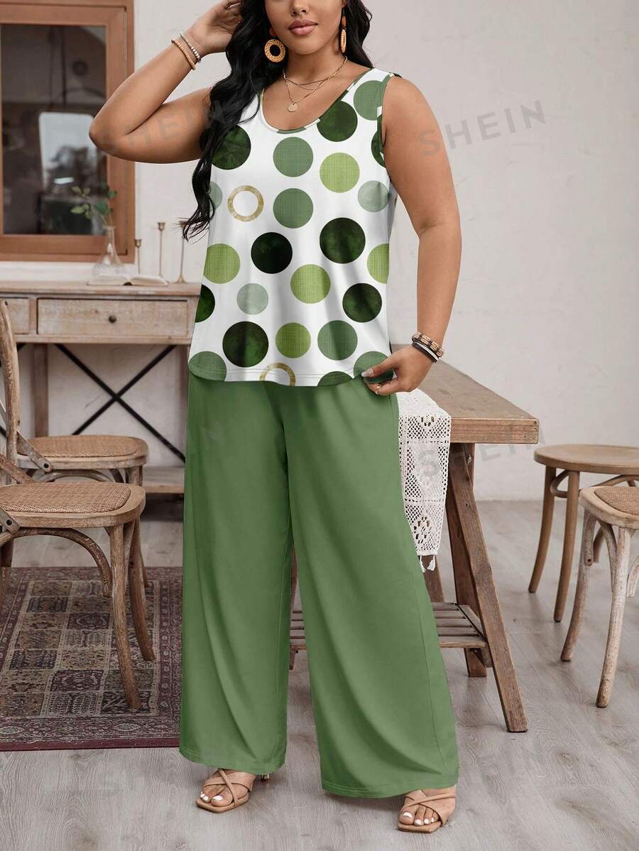 EMERY ROSE Plus Size Women Casual Polka Dot Printed Vest And Loose Pants Two Piece Set For ...