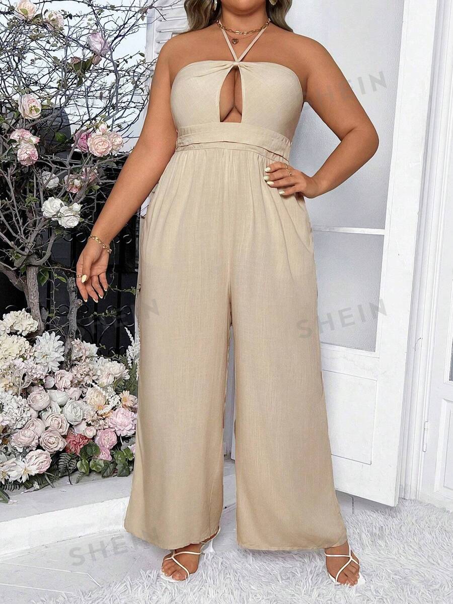 SHEIN VCAY Macacão Halter Plus Size Feminino vazado com alças amarradas ...