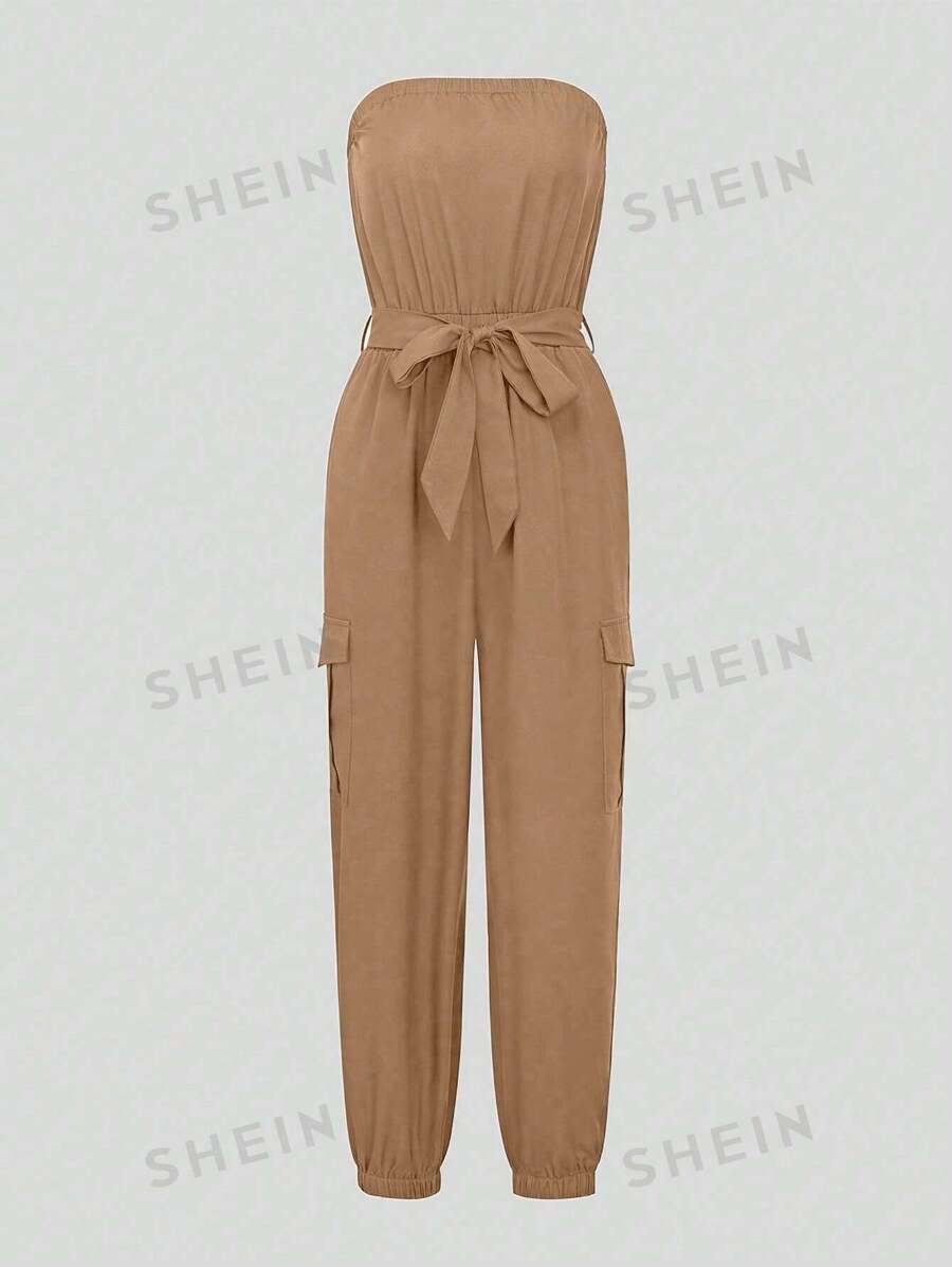 Shein Slayr Women Summer Solid Color Strapless Jumpsuit With Pockets