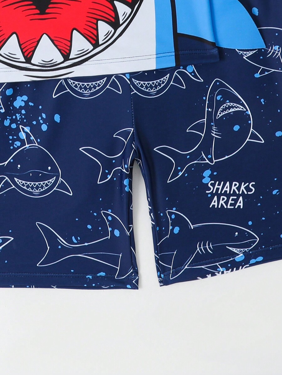 Tween Boys' Shark Printed Rash Guard Swimwear Set With Raglan Sleeves ...