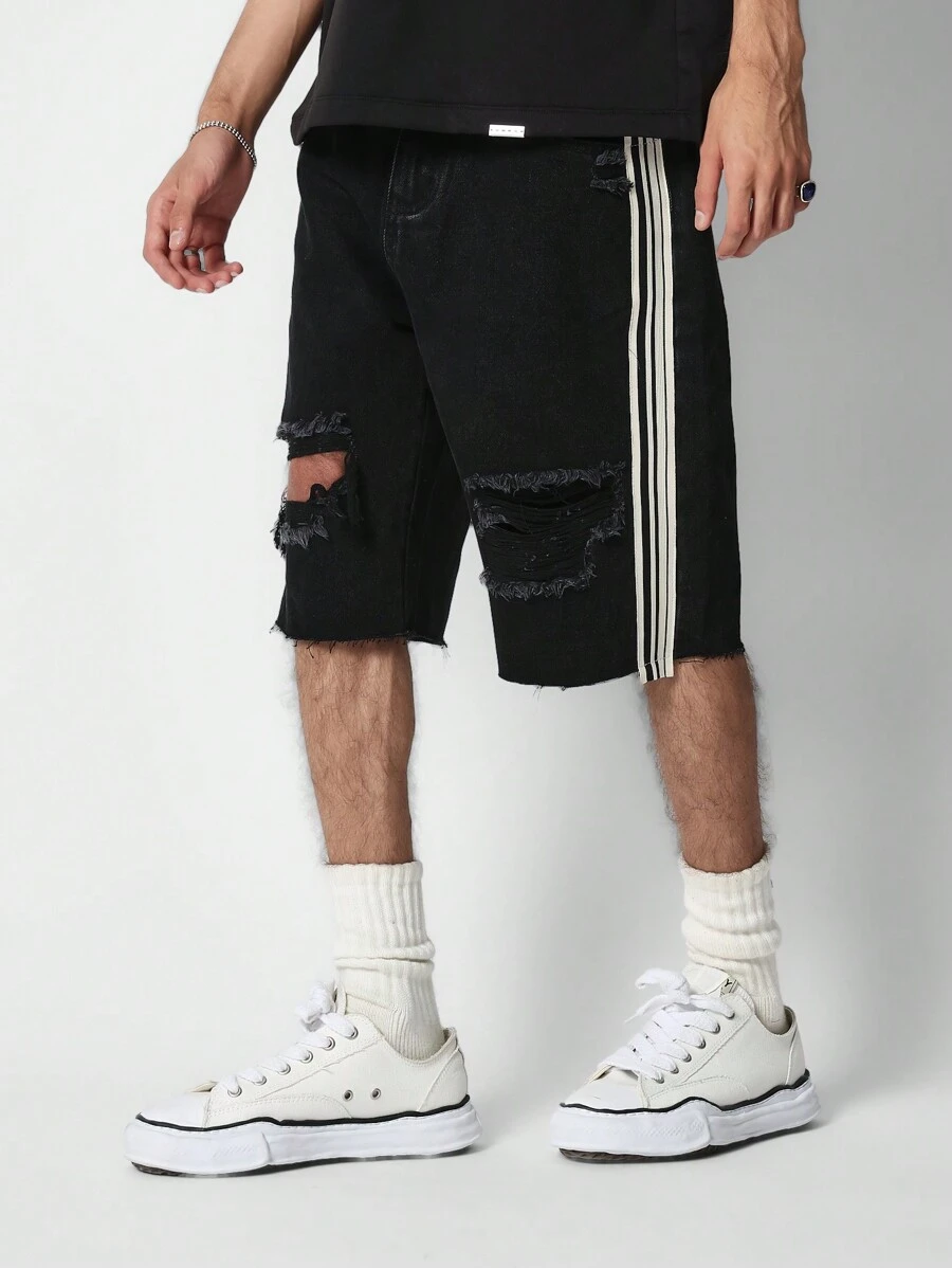 SUMWON Denim Distressed Jorts With Side Tape | SHEIN USA