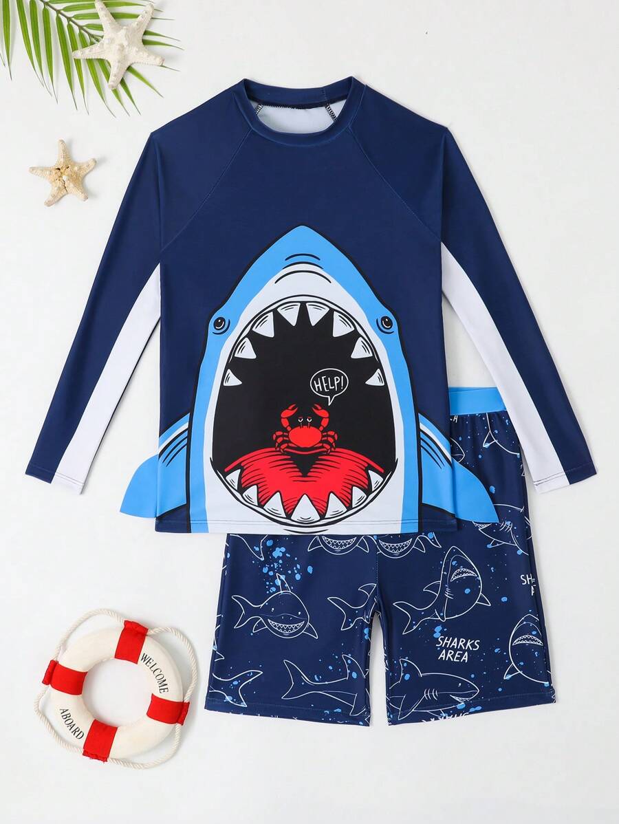 Tween Boys' Shark Printed Rash Guard Swimwear Set With Raglan Sleeves ...