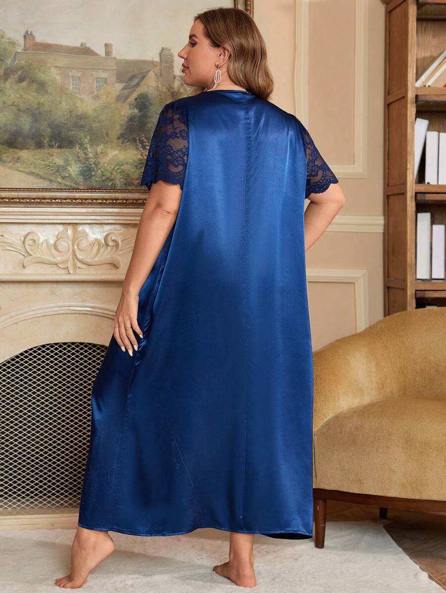Long Imitation Silk Pajama Dress With Sheer Lace Design | SHEIN UK