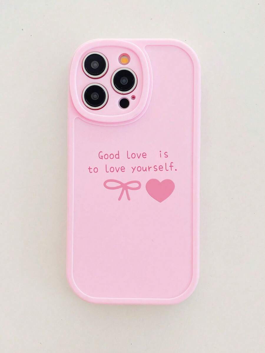 Funda de teléfono rosa con diseño de corazón y estampado de letras ...