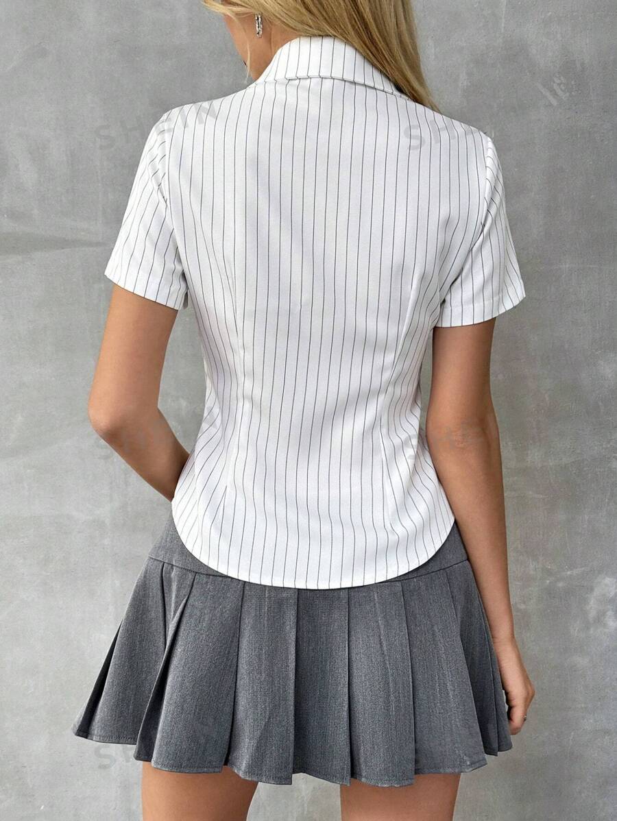 SHEIN TRNDY Women's Simple Striped Printed Short Sleeve Casual Shirt ...