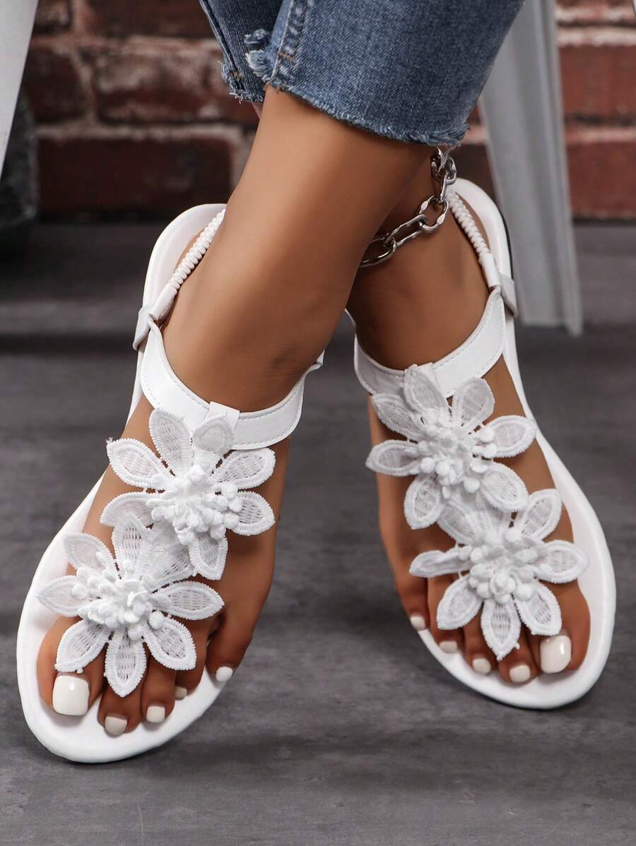 Women's Black 3D Flower Flat Sandals, Fashion Flower Decor Elegant ...