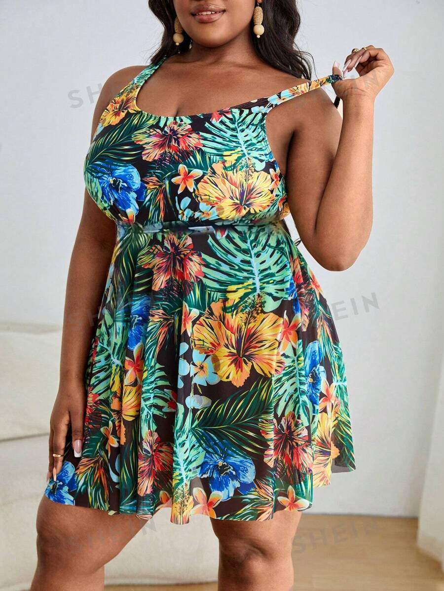 Shein Swim Lushore Plus Size Summer Beach Tropical Plant Print