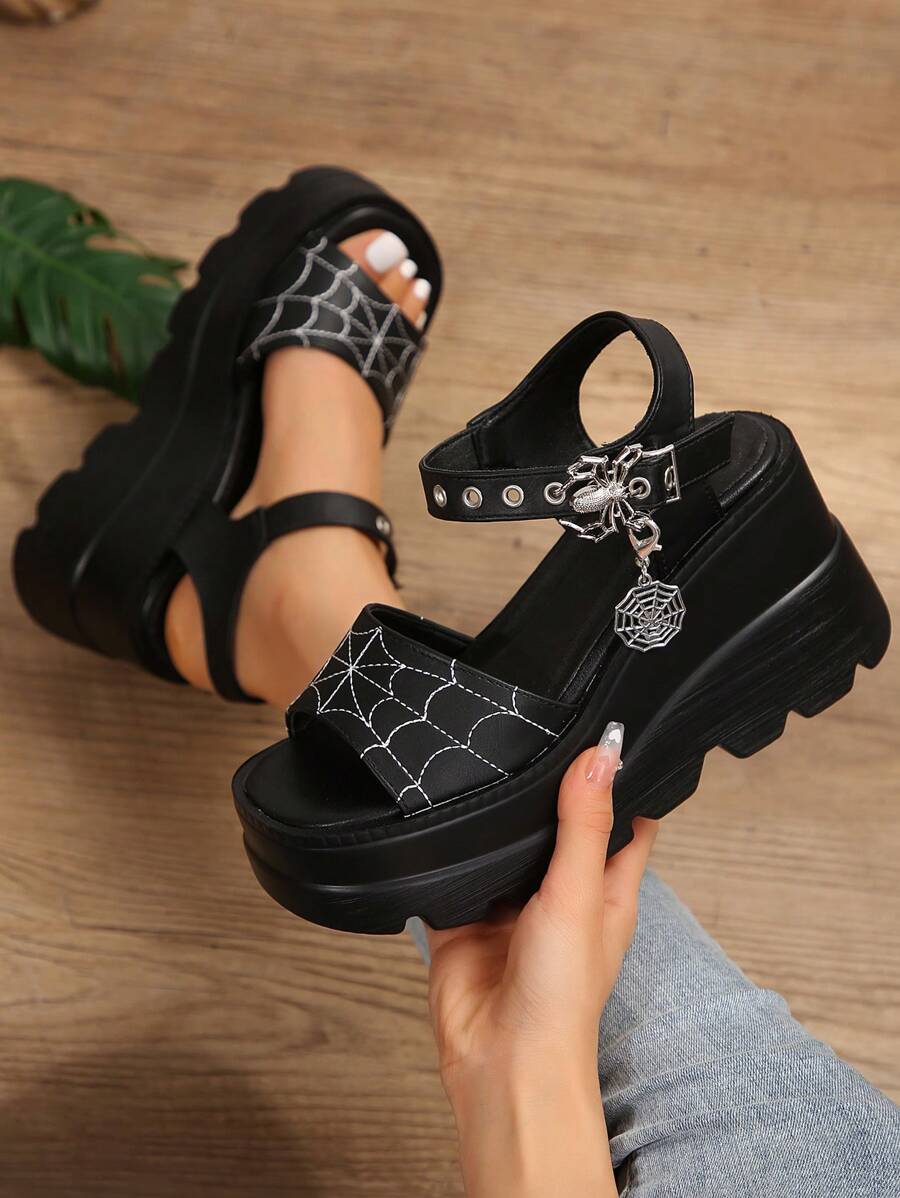 Pink Killer Thick Sole Sandals, Summer Punk Style Metal Spider Wedges ...