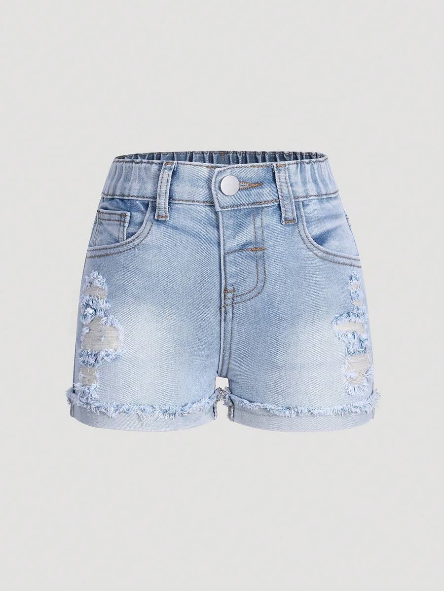 Young Girls' Distressed Rolled Hem Denim Shorts With Stretch | SHEIN USA