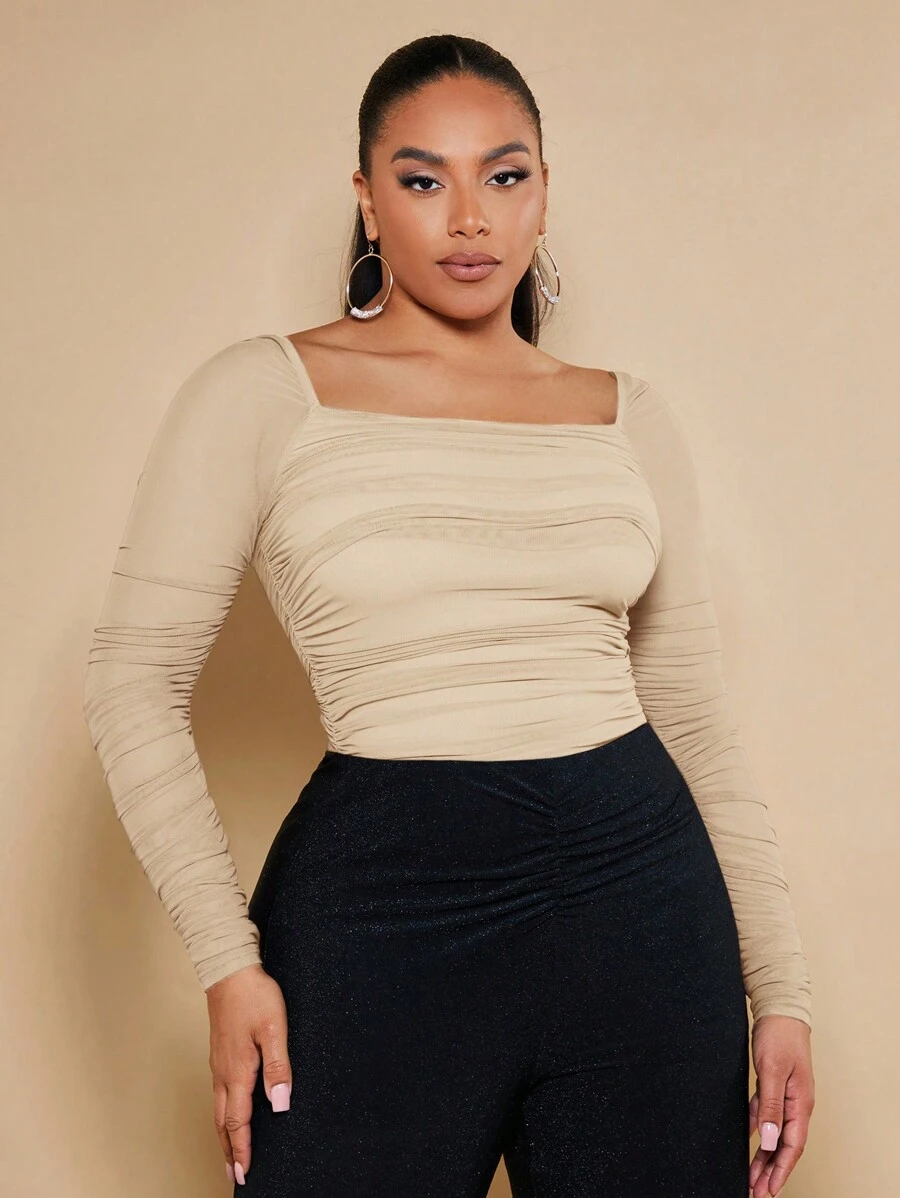 SHEIN BAE Plus Size Women's Solid Color Simple Daily Square Neck Long ...