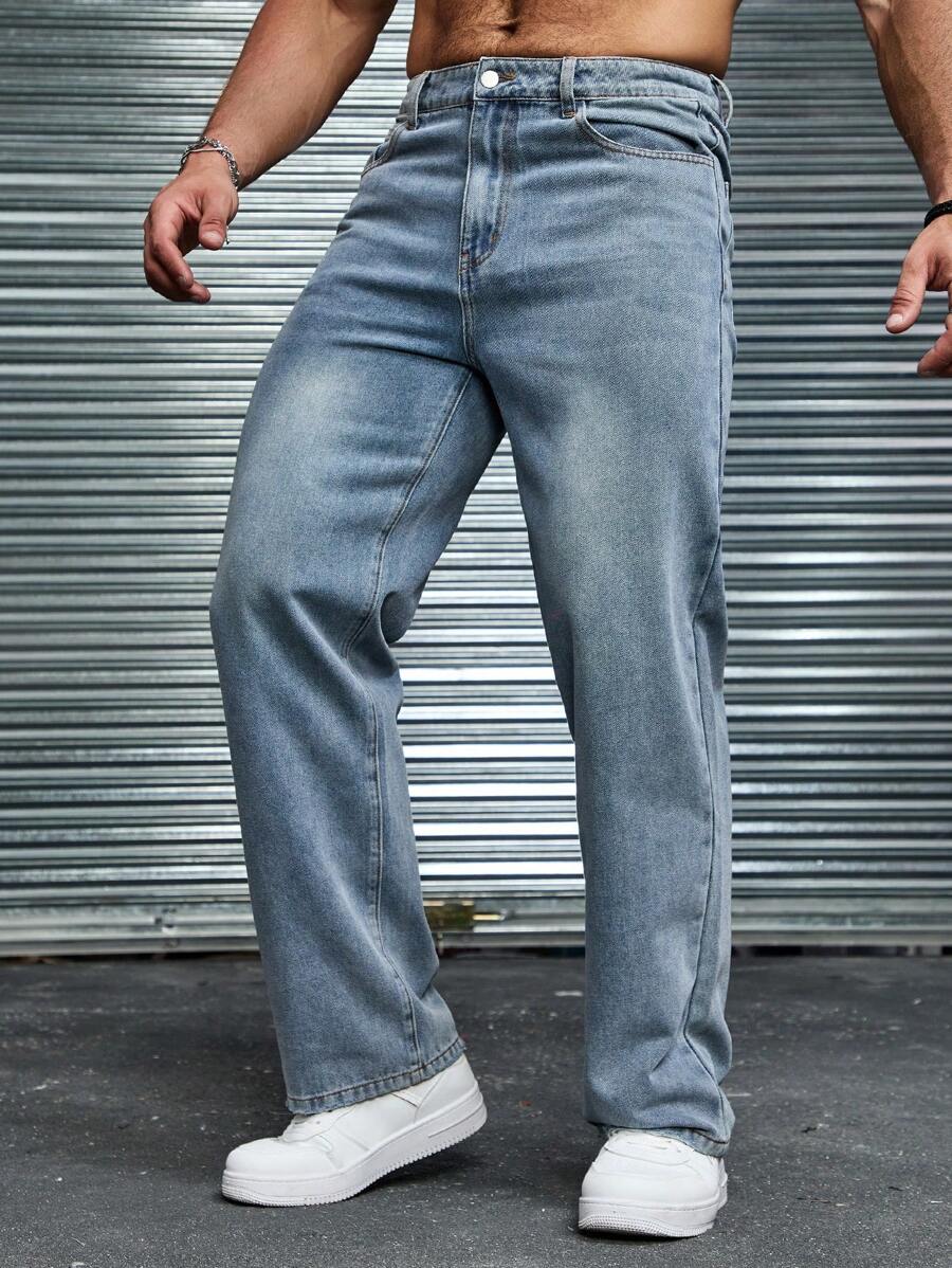 Manfinity Men Loose Straight-Leg Jeans, Daily Travel With Pockets ...