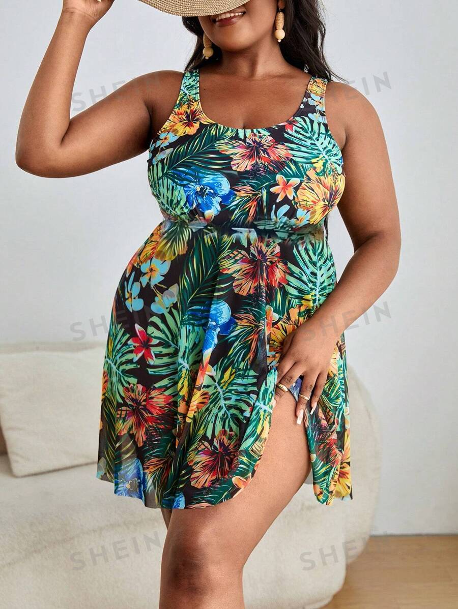 Shein Swim Lushore Plus Size Summer Beach Tropical Plant Print