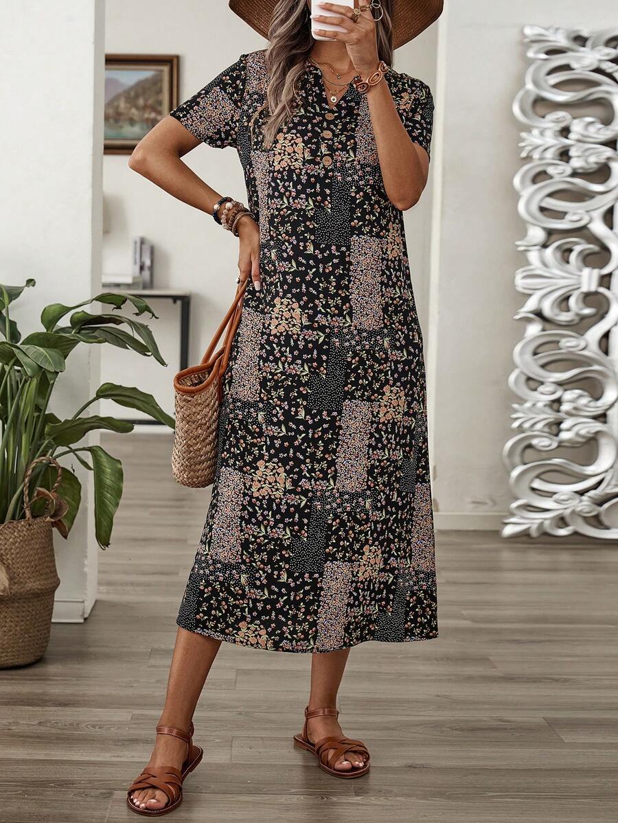 EMERY ROSE Notched Neck Ditsy Floral Summer Short Sleeve Dress | SHEIN USA