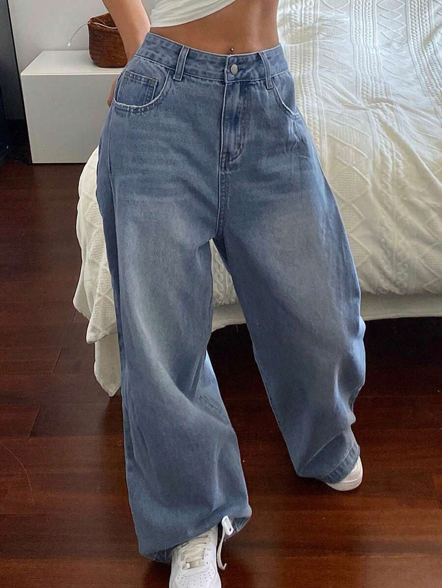 Livesso Ladies' Wide-Leg Jeans With Grinding & Distressed Details,Baggy ...