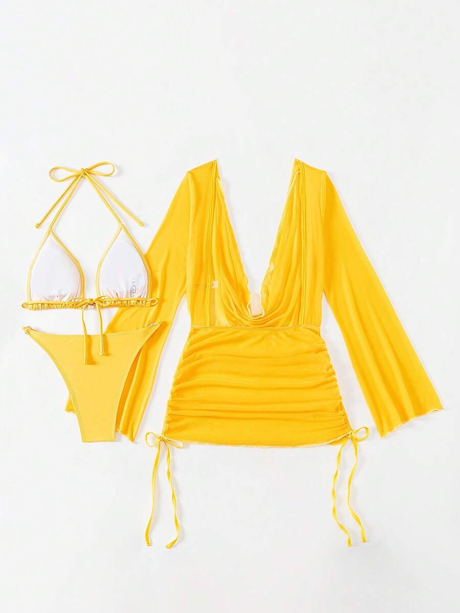 Shein Swim Summer Beach Womens Vacation Solid Color Halter Strap Sexy