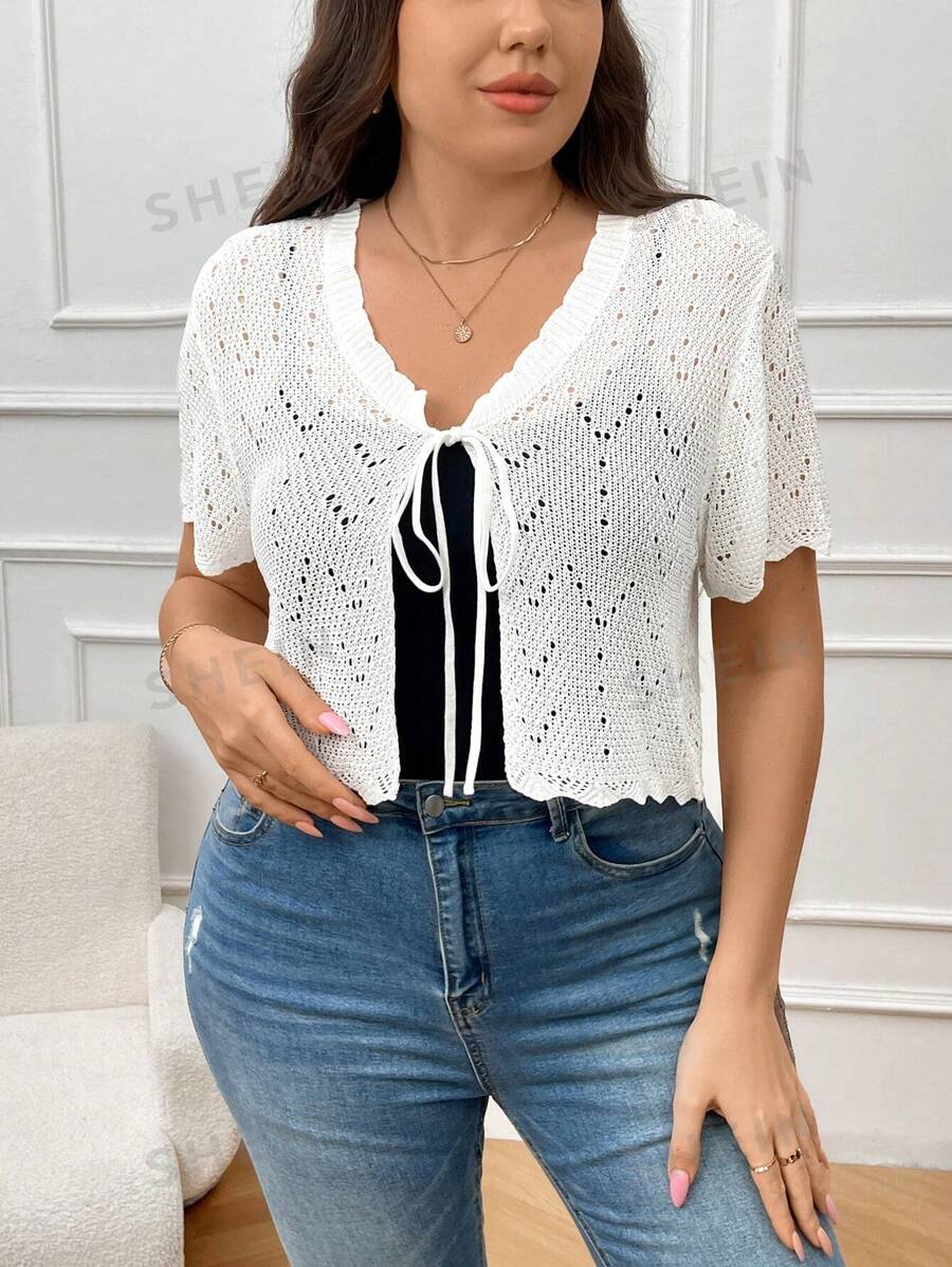 SHEIN Essnce Plus Size V-Neck Cropped Knitted Cardigan With Crop ...