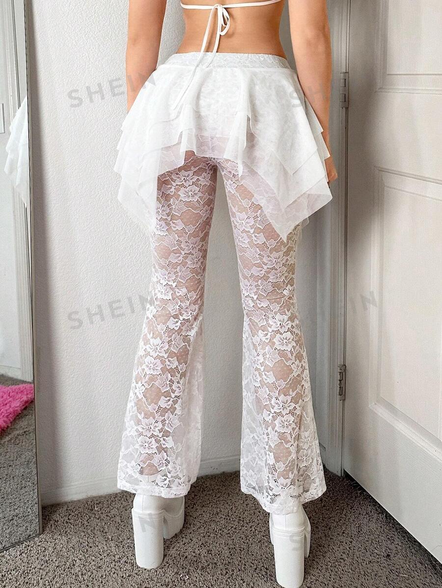 SHEIN Sweetina Pantalones de campana de malla con encaje traslúcido ...