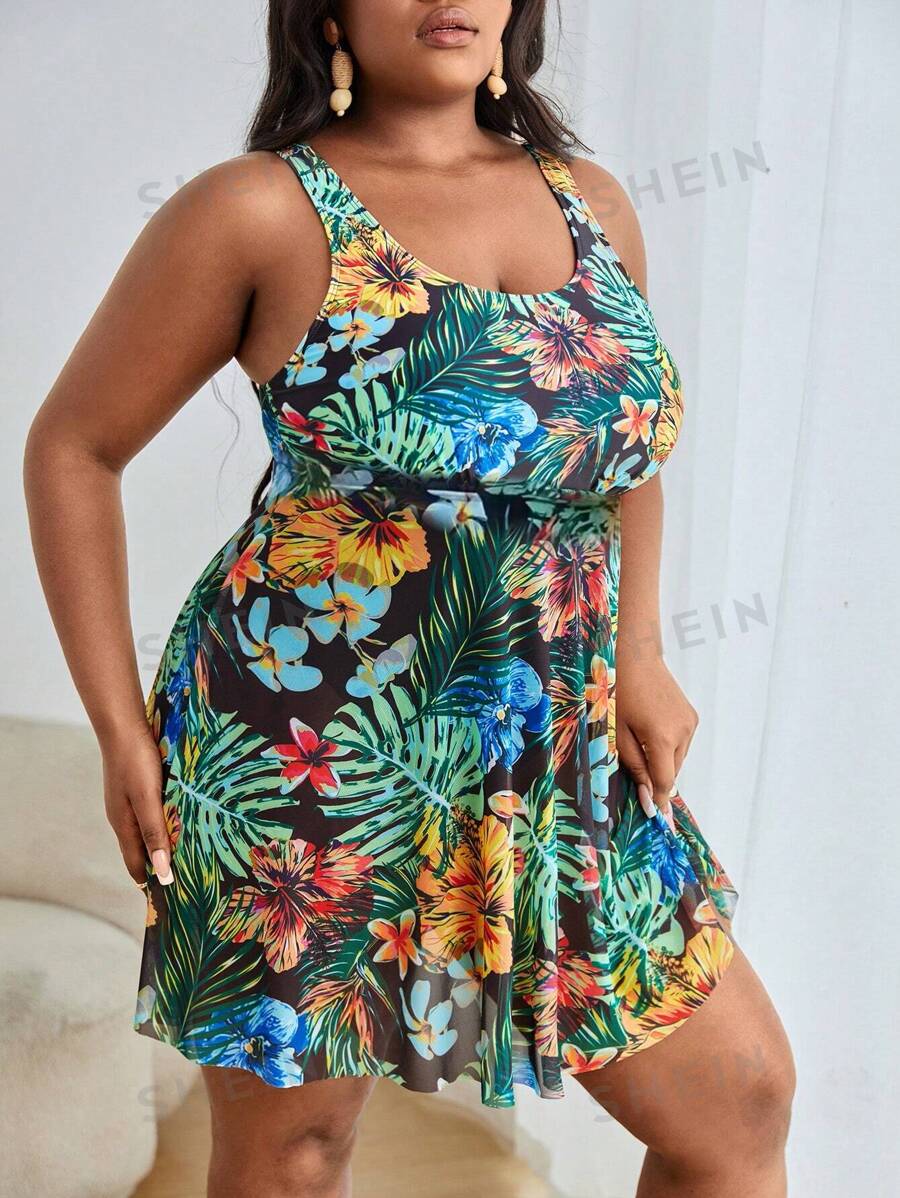 Shein Swim Lushore Plus Size Summer Beach Tropical Plant Print