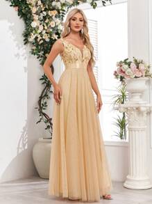 V-Ausschnitt Mesh A-Linie Abendkleid, Brautjungfernkleid, Hochzeitsgast ...