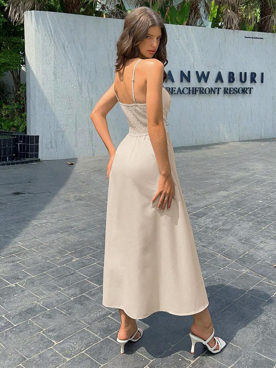 SHEIN Aloruh Women's Summer Elegant Khaki Long Cami Dress | SHEIN