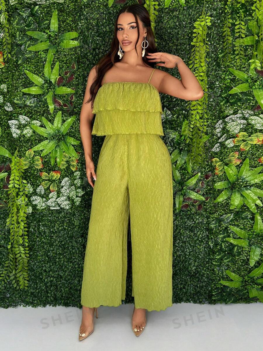 SHEIN SXY Women's Solid Color Splice Double-Layered Ruffled Hem Sexy ...