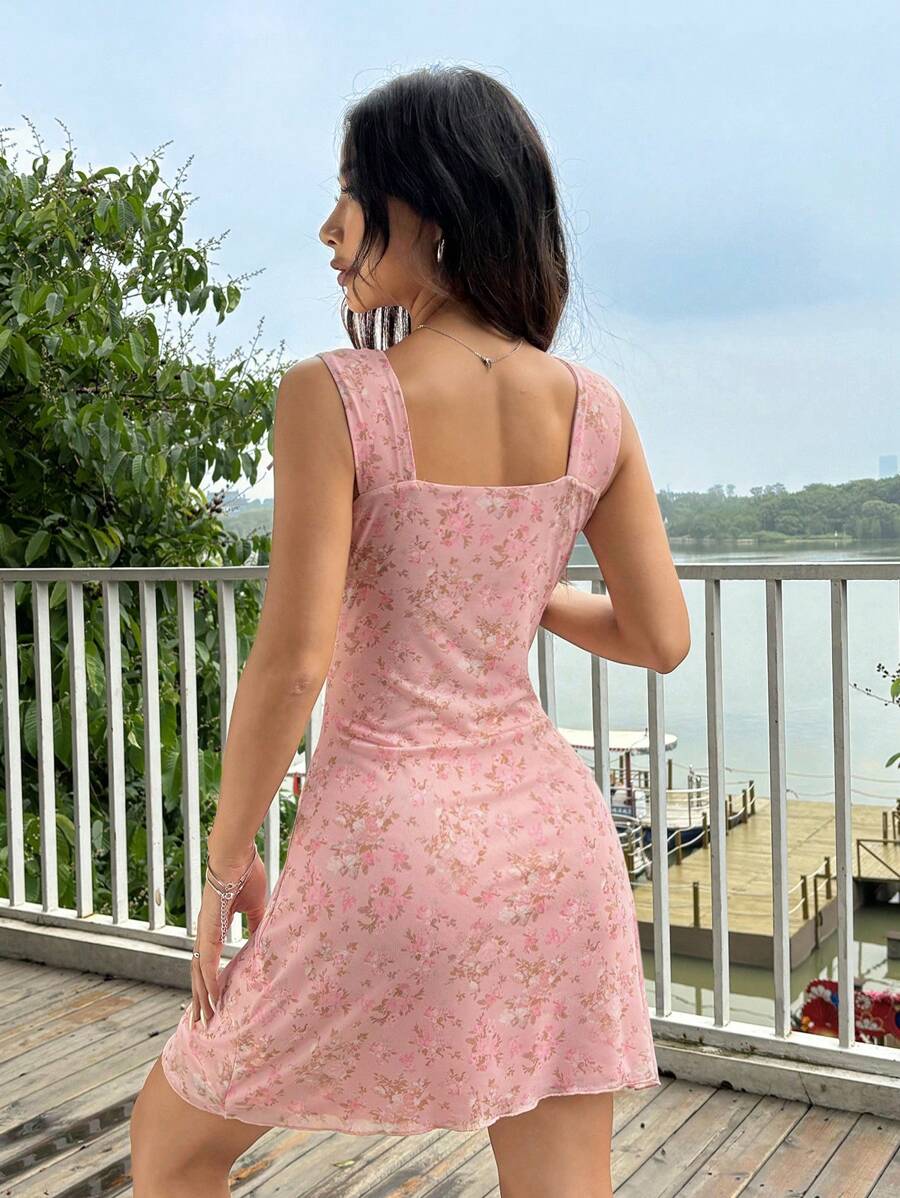 SHEIN EZwear Summer Slim Fit Pink Mesh Cherry Fruit Patterned Dress For ...