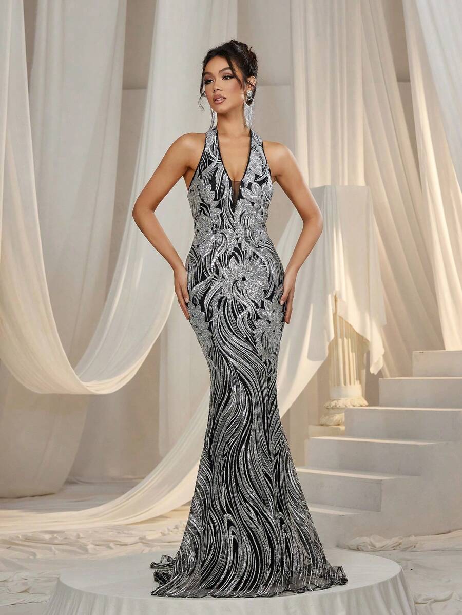 Faeriesty Halter Neck Mermaid Hem Floral Sequin Dress Elegant Formal Evening Prom Wedding Guest ...