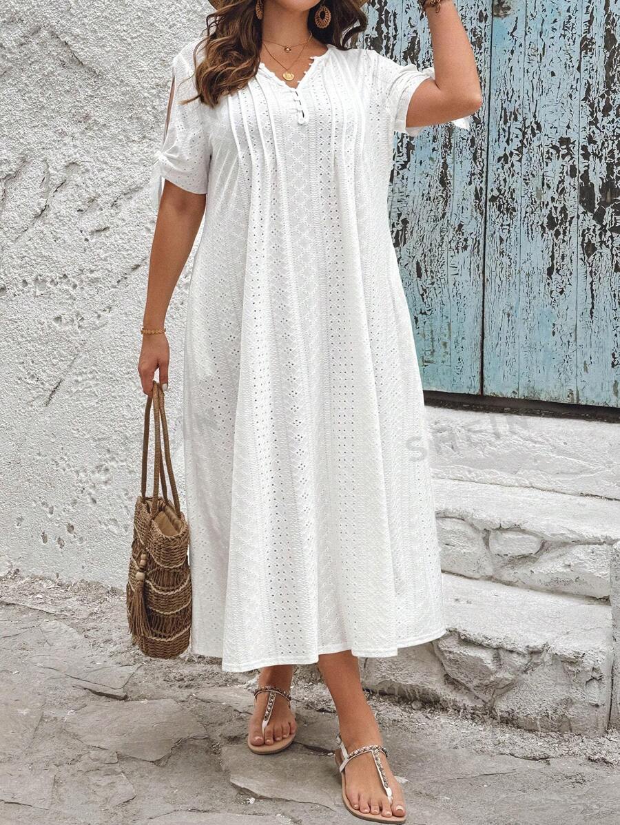 SHEIN VCAY Plus Size White Knitted Embroidered Pocket V-Neck Women's Summer Dress For Vacation ...