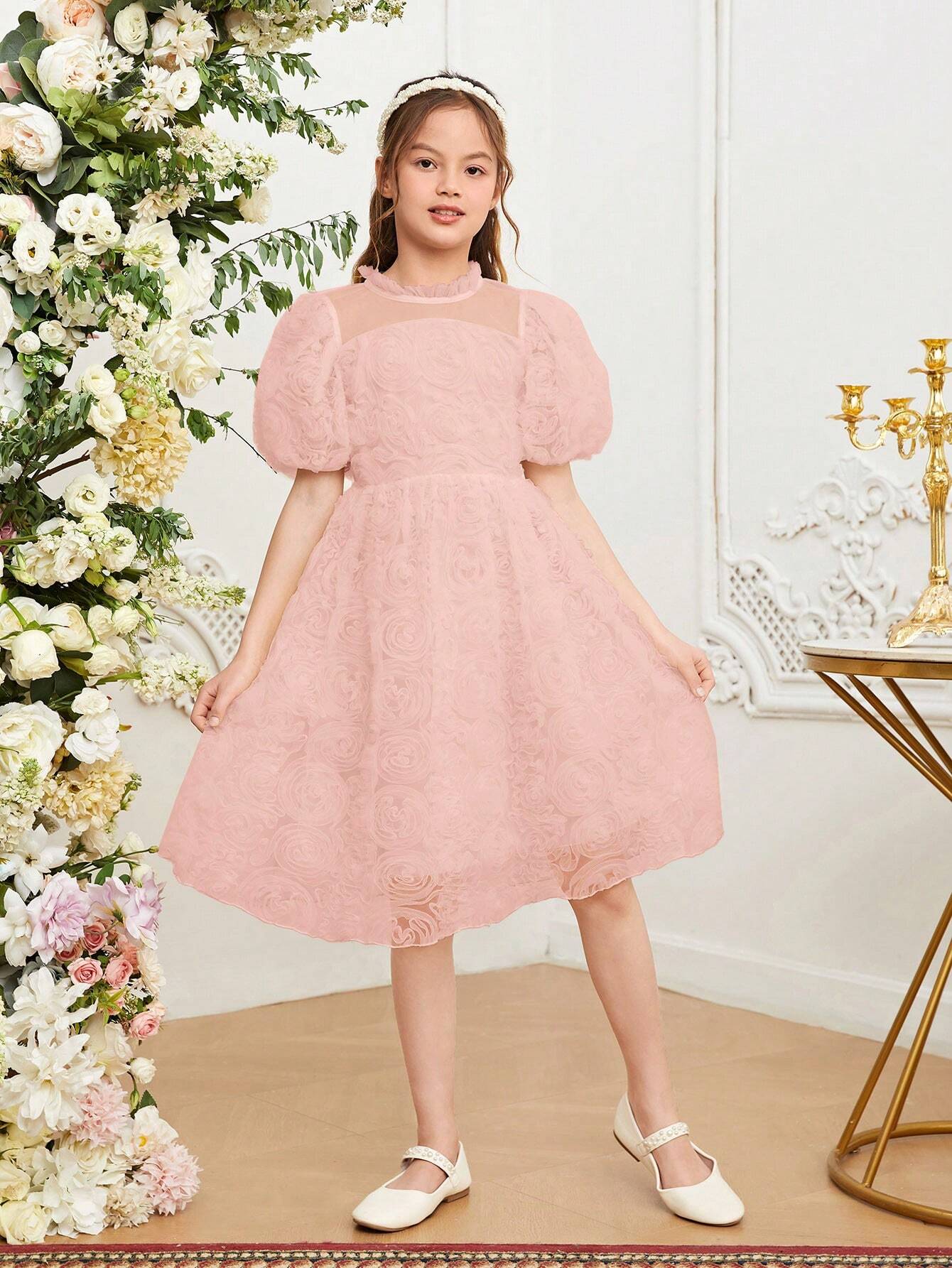 Tween Girl Summer Short Puff Sleeve 3D Mesh Embroidered Dress With ...