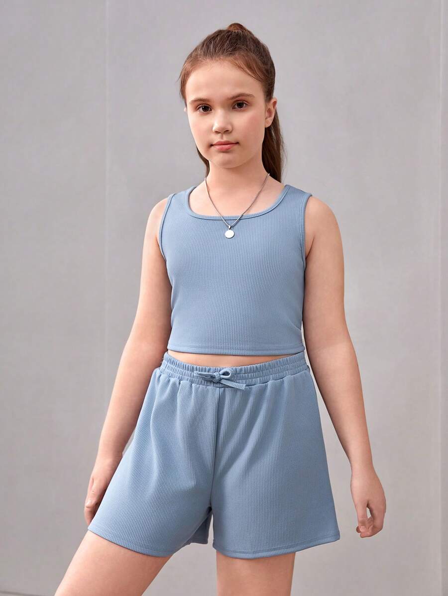 SHEIN Set Di Canottiera E Pantaloncini Senza Maniche Con Scollo Tondo ...