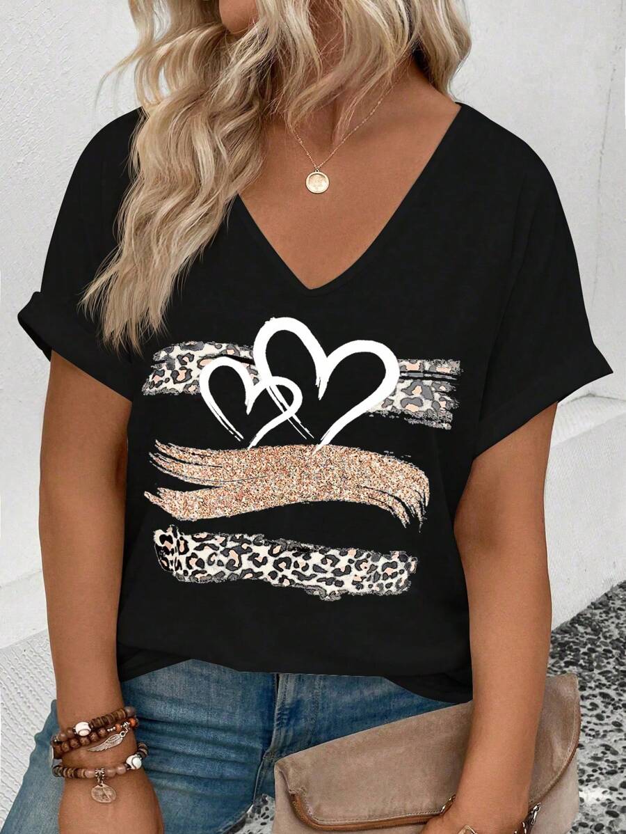 INAWLY Plus Leopard & Heart Print Batwing Sleeve Tee For Summer Graphic ...
